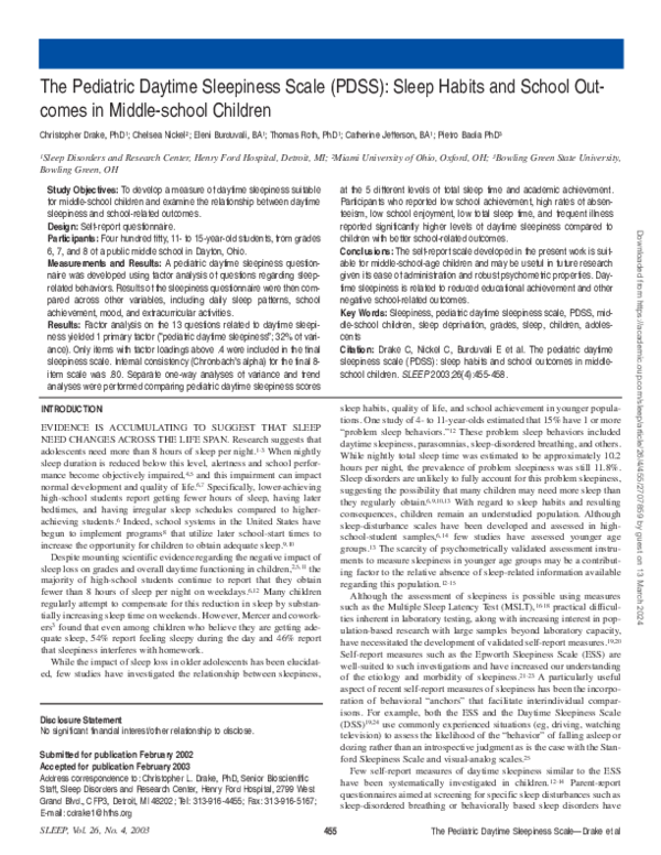 (PDF) The Pediatric Daytime Sleepiness Scale (PDSS): Sleep Habits and ...