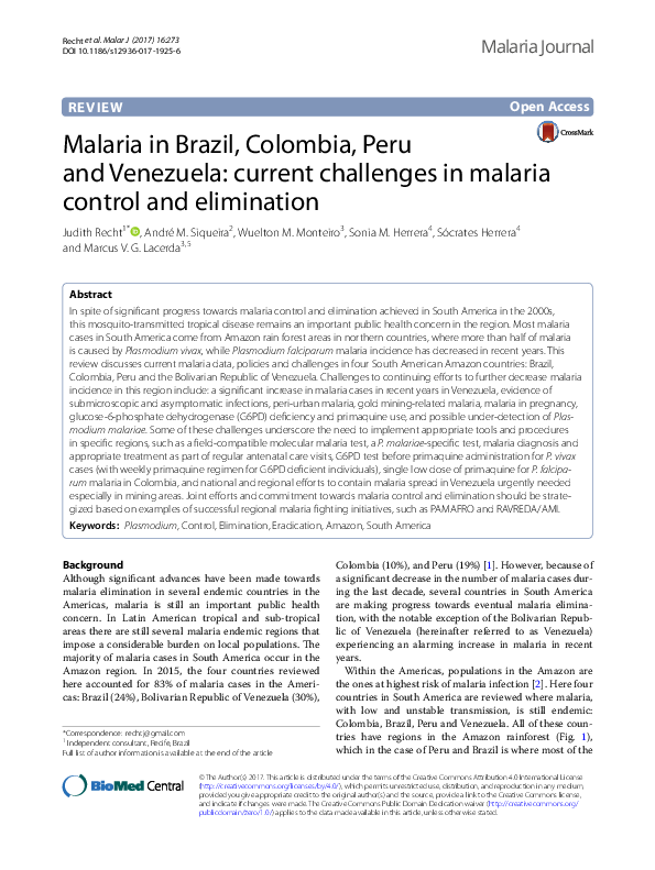 (PDF) Malaria in Brazil, Colombia, Peru and Venezuela: current ...