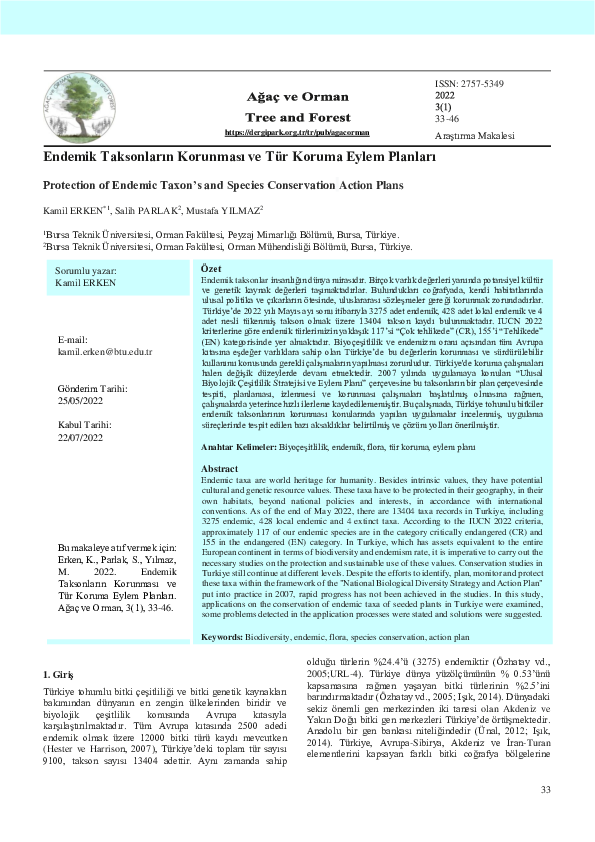 (PDF) Endemik Taksonların Korunması ve Tür Koruma Eylem Planları
