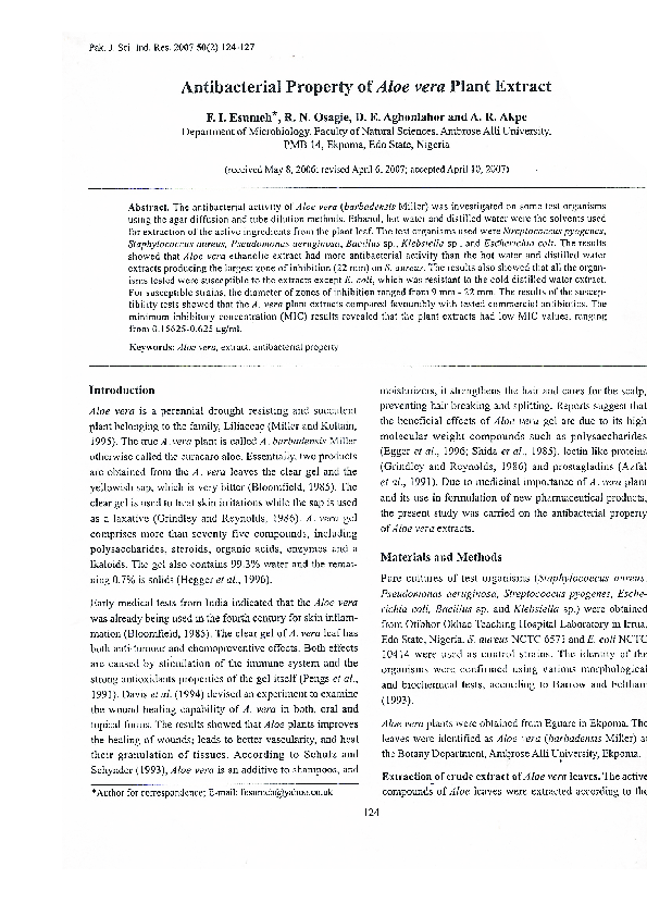 (PDF) Antibacterial Property of Aloe vera Plant Extract