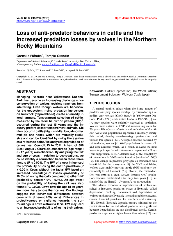 (PDF) Loss of anti-predator behaviors in cattle and the increased ...