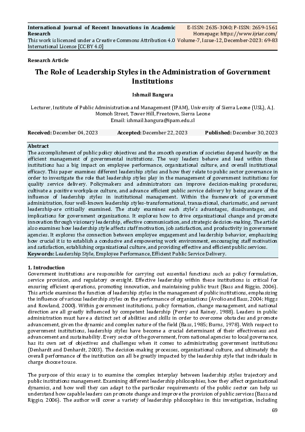 (PDF) The Role of Leadership Styles in the Administration of Government ...