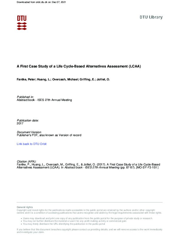 (PDF) A First Case Study of a Life Cycle-Based Alternatives Assessment (LCAA)