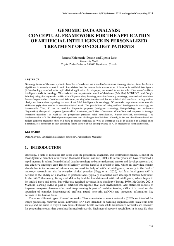 (PDF) Genomic Data Analysis: Conceptual Framework for the Application of Artificial Intelligence ...
