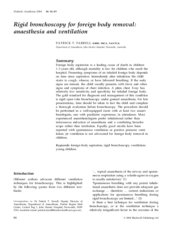 (PDF) Rigid bronchoscopy for foreign body removal: anaesthesia and ...