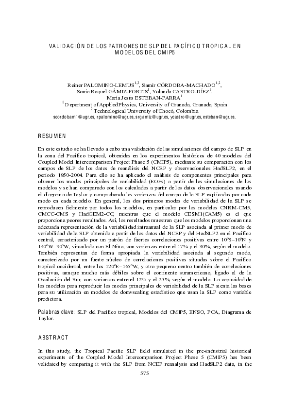 (PDF) Validación de los patrones de SLP del Pacífico tropical en modelos del CMIP5