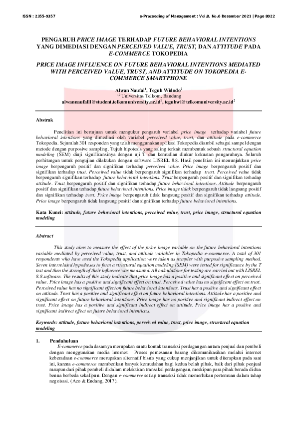 (PDF) Pengaruh Price Image Terhadap Future Behavioral Intentions Yang Dimediasi Dengan Perceived ...