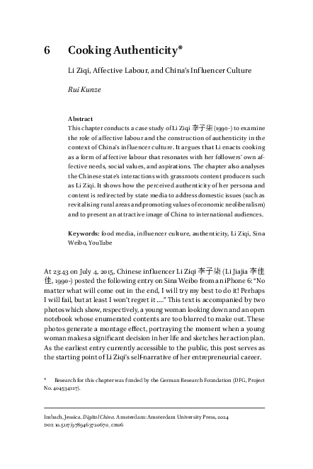 (PDF) "Cooking Authenticity: Li Ziqi, Affective Labour, and China's ...