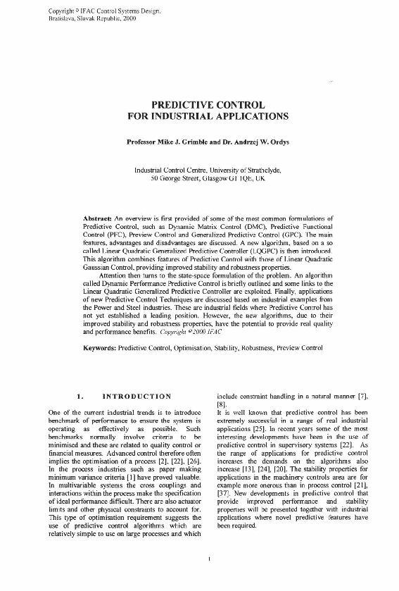 (PDF) Predictive Control for Industrial Applications