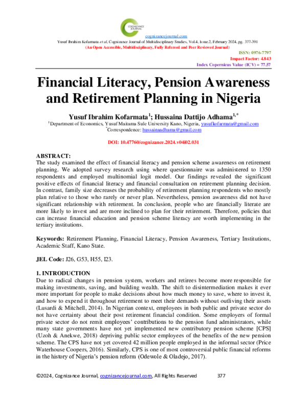 (PDF) Financial Literacy, Pension Awareness and Retirement Planning in ...