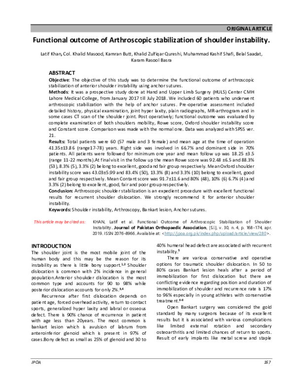 (PDF) Functional Outcome of Arthroscopic Stabilization of Shoulder ...