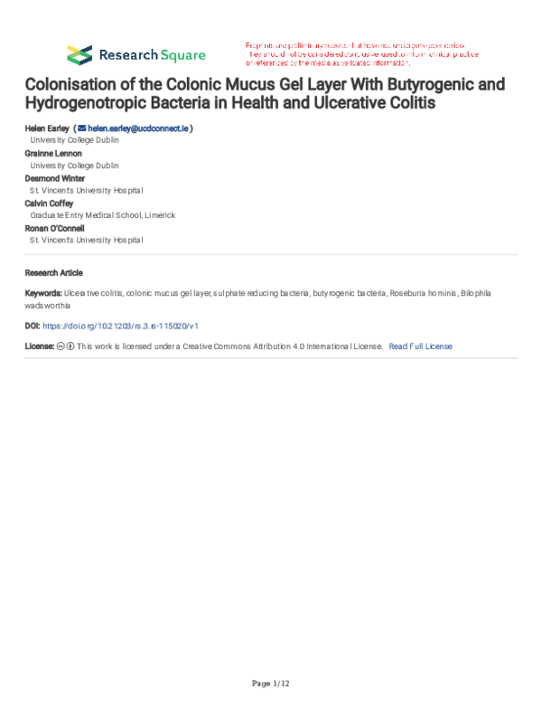 (PDF) Colonisation of the Colonic Mucus Gel Layer With Butyrogenic and ...