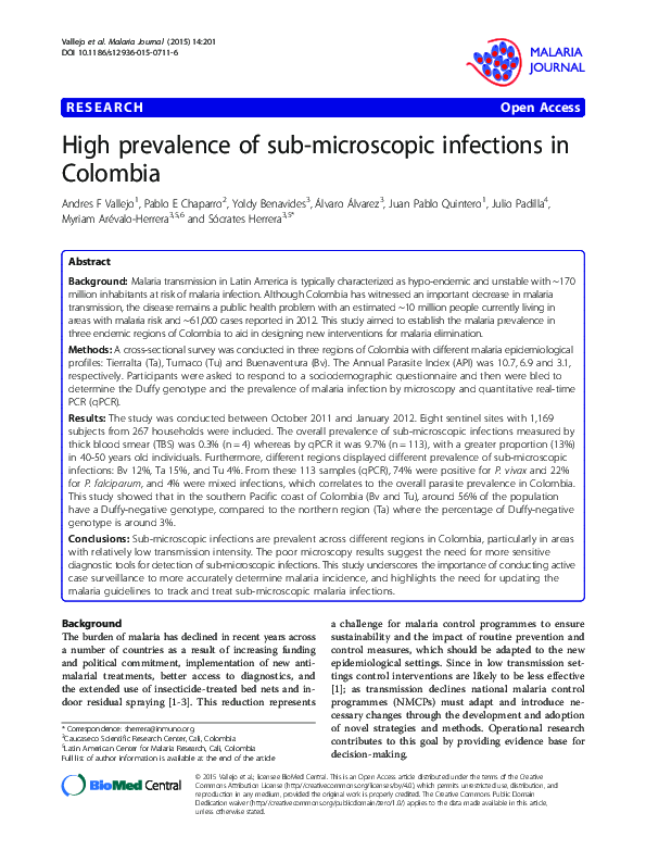 (PDF) High prevalence of sub-microscopic infections in Colombia | Julio ...