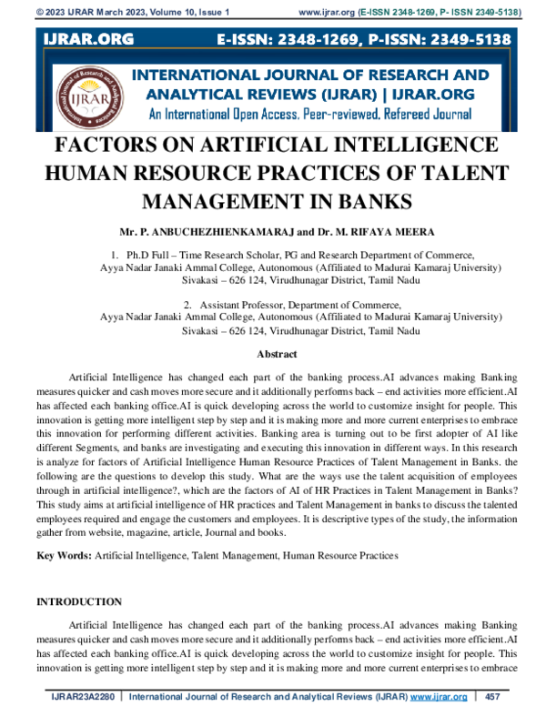 (PDF) FACTORS ON ARTIFICIAL INTELLIGENCE HUMAN RESOURCE PRACTICES OF TALENT MANAGEMENT IN BANKS