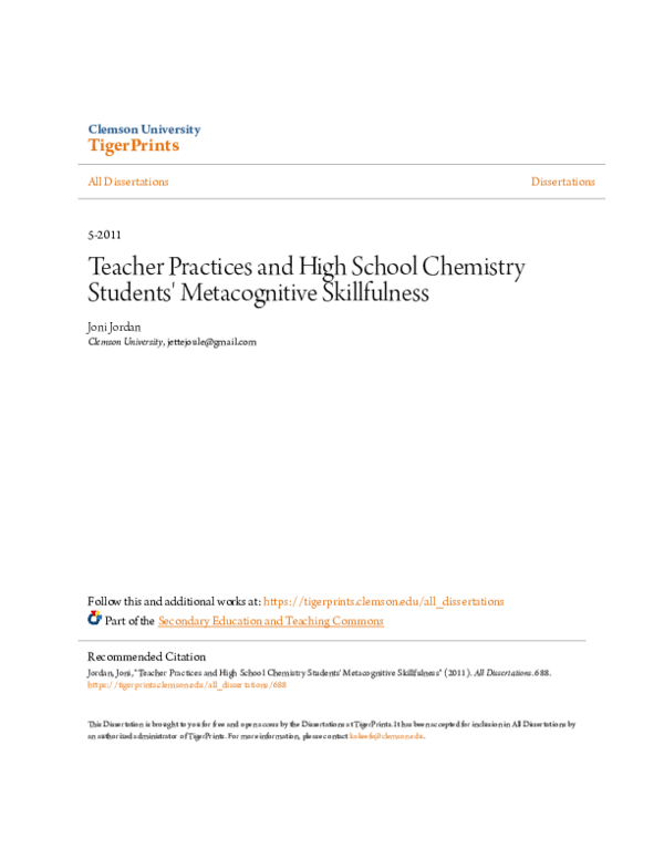 (PDF) Teacher Practices and High School Chemistry Students'Metacognitive Skillfulness