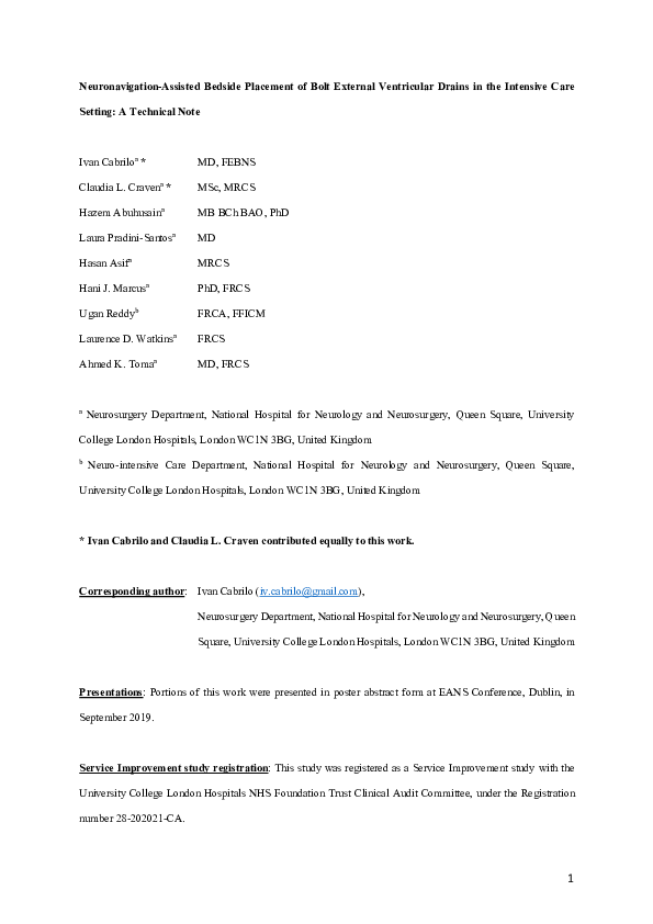 (PDF) Neuronavigation-assisted bedside placement of bolt external ...