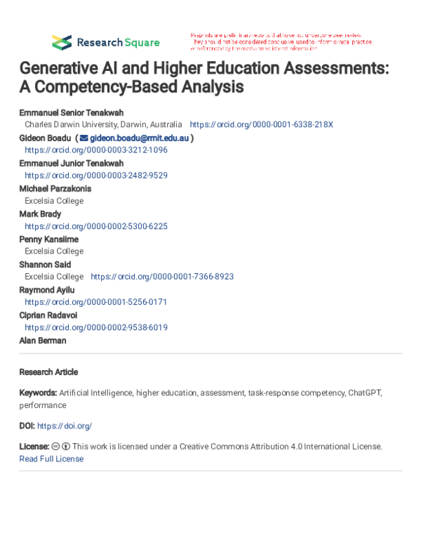 (PDF) Generative AI and Higher Education Assessments: A Competency-Based Analysis