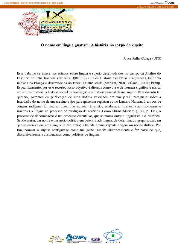 (PDF) O nome em língua guarani: A história no corpo do sujeito