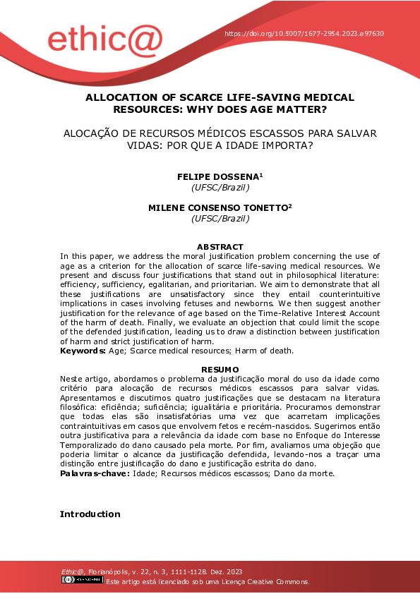 (PDF) Allocation of Scarce Life-Saving Medical Resources: Why Does Age ...