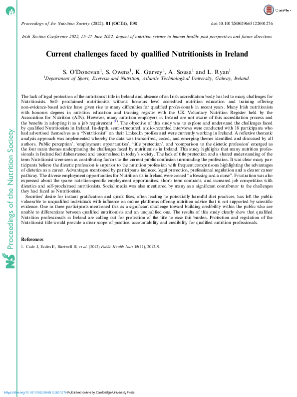 (PDF) Current Challenges Faced by Qualified Nutritionists in Ireland