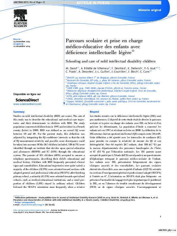 (PDF) Parcours scolaire et prise en charge médico-éducative des enfants ...