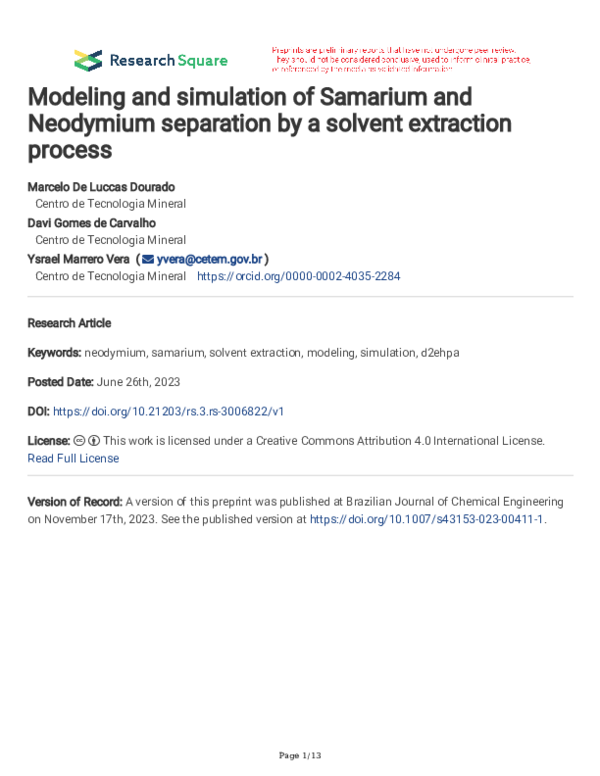 (PDF) Modeling and simulation of Samarium and Neodymium separation by a solvent extraction process