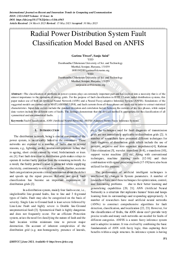 Pdf Radial Power Distribution System Fault Classification Model Based