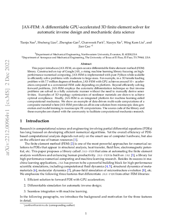 (PDF) Jax-Fem: A Differentiable Gpu-Accelerated 3d Finite Element Solver For Automatic Inverse ...