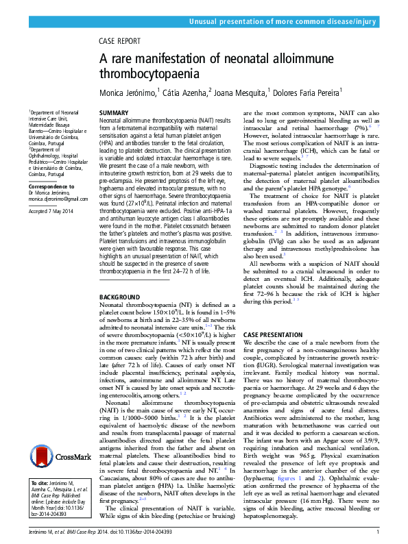 (PDF) A rare manifestation of neonatal alloimmune thrombocytopaenia