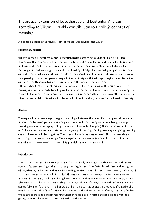 (DOC) Theoretical extension of Logotherapy and Existential Analysis according to Viktor E ...