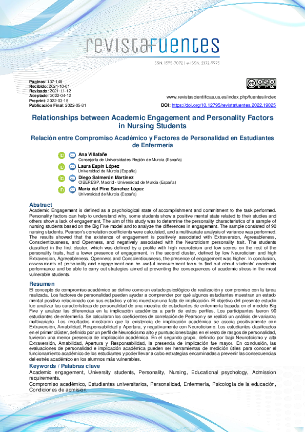 (PDF) Relationships between Academic Engagement and Personality Factors in Nursing Students