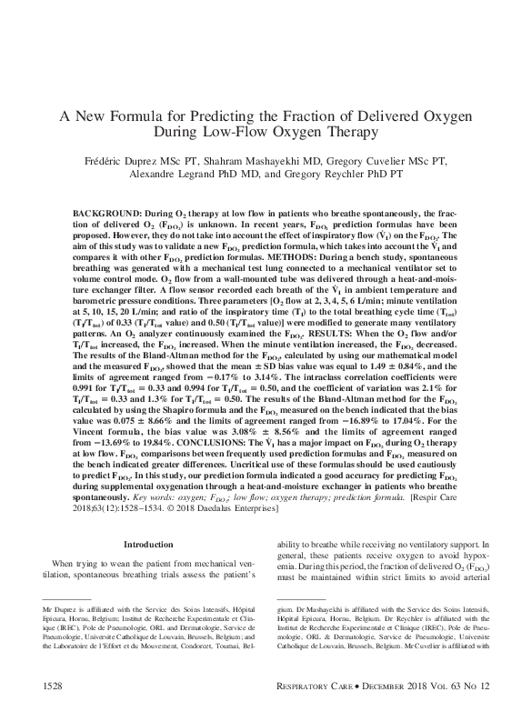 (PDF) A New Formula for Predicting the Fraction of Delivered Oxygen ...