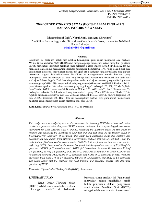 (PDF) High Order Thinking Skills (Hots) Dalam Penilaian Bahasa Inggris Siswa Sma