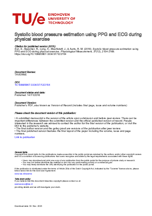 (PDF) Systolic blood pressure estimation using PPG and ECG during ...