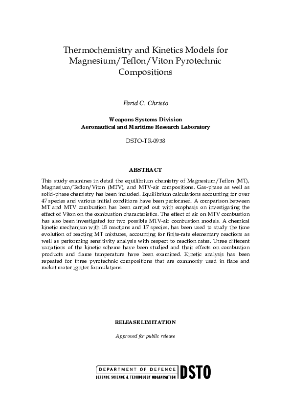 (PDF) Thermochemistry and Kinetics Models for Magnesium/Teflon/Viton ...