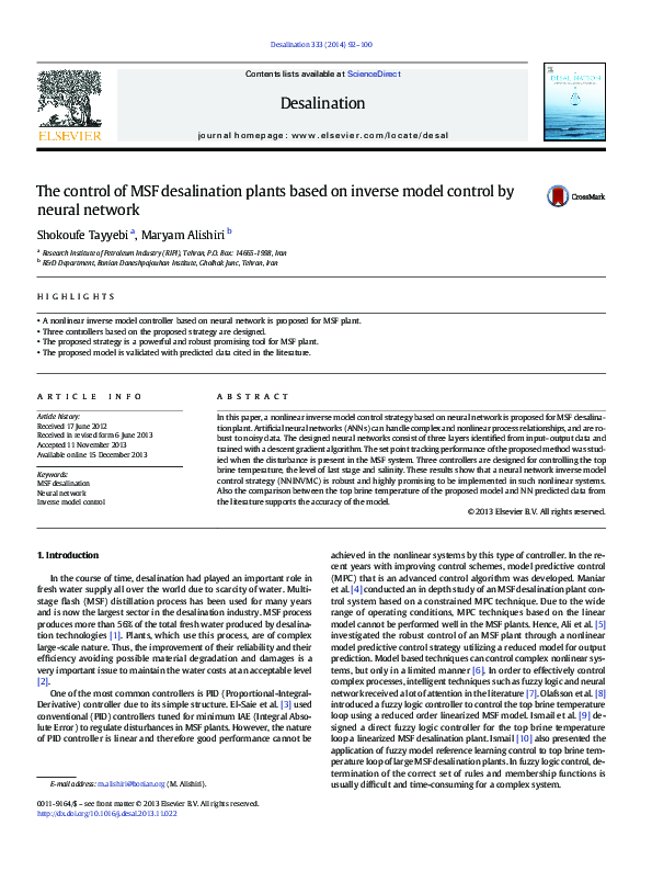 (PDF) The control of MSF desalination plants based on inverse model control by neural network