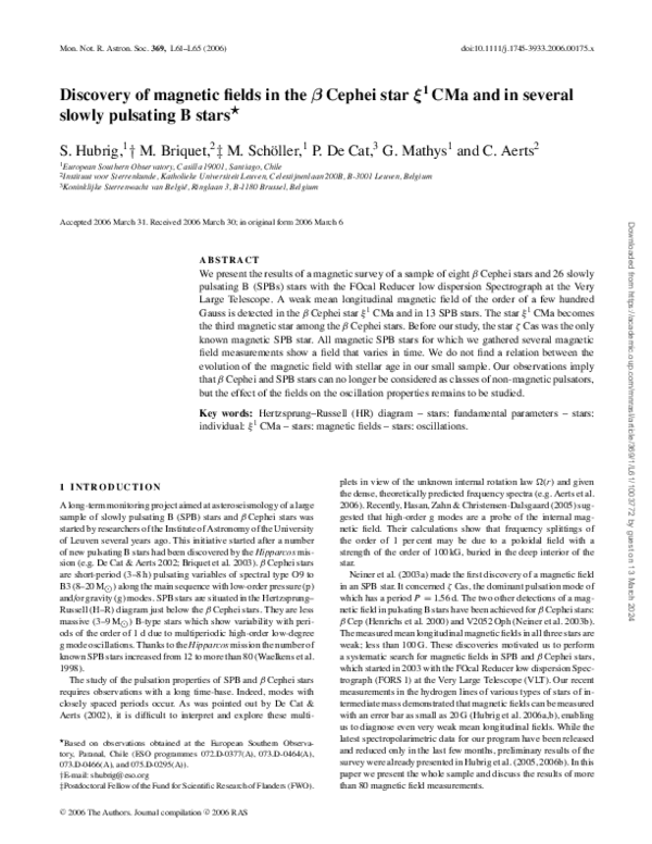(PDF) Discovery of magnetic fields in the Cephei star 1 CMa and in several slowly pulsating B stars