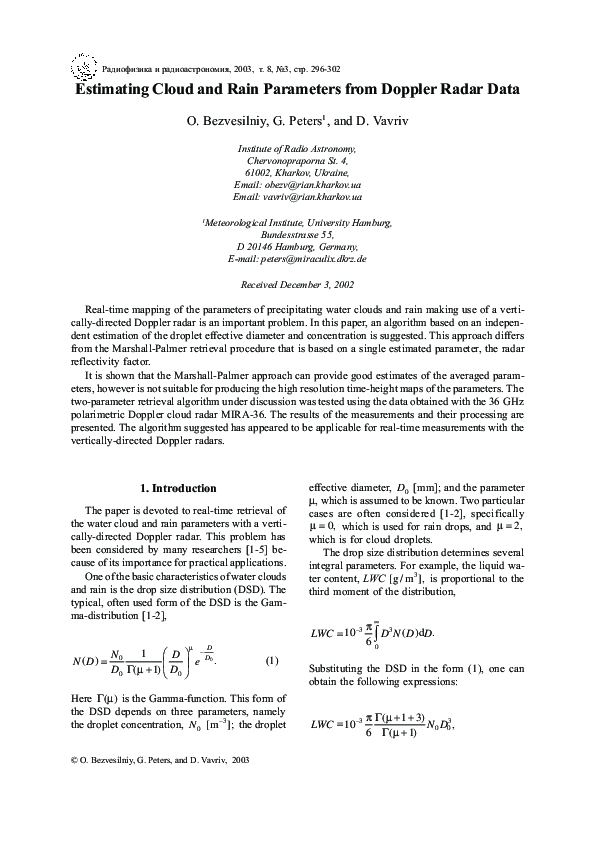 (PDF) Estimating Cloud and Rain Parameters from Doppler Radar Data