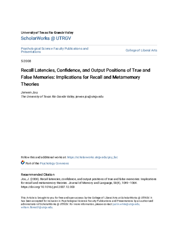 (PDF) Recall latencies, confidence, and output positions of true and ...