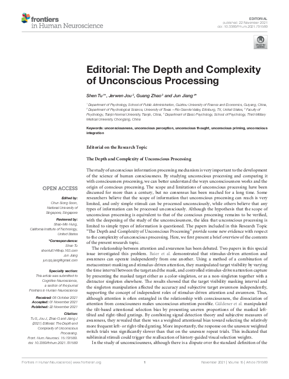 (PDF) Editorial: The Depth and Complexity of Unconscious Processing