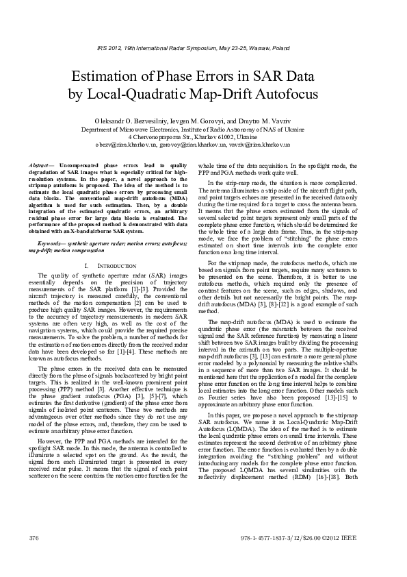 Pdf Estimation Of Phase Errors In Sar Data By Local Quadratic Map Drift Autofocus