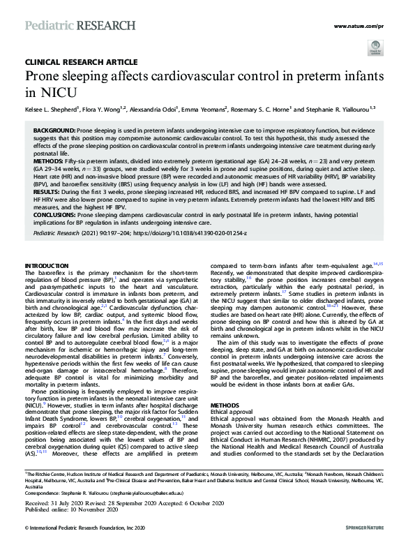 (PDF) Prone sleeping affects cardiovascular control in preterm infants ...