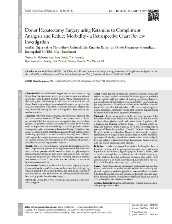 (PDF) Donor Hepatectomy Surgery using Ketamine to Compliment Analgesia ...