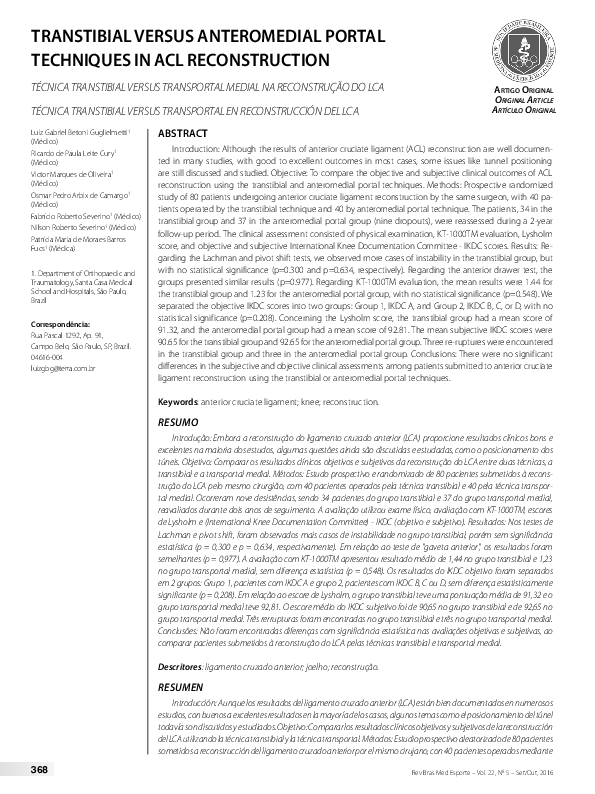 (PDF) Transtibial Versus Anteromedial Portal Techniques in Acl ...