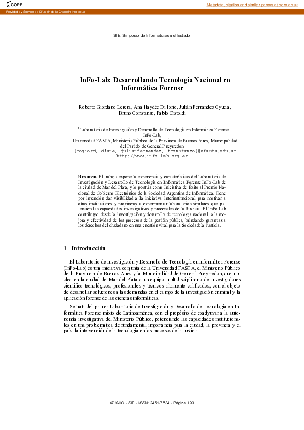 (PDF) InFo-Lab: desarrollando tecnología nacional en informática forense