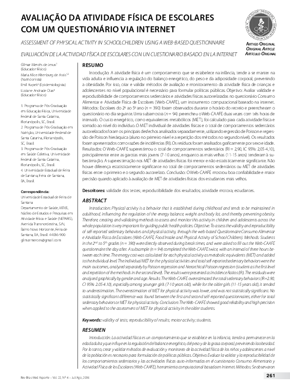 (PDF) ctivity in schoolchildren using A web-b Ased questionnAire ev Alu ...