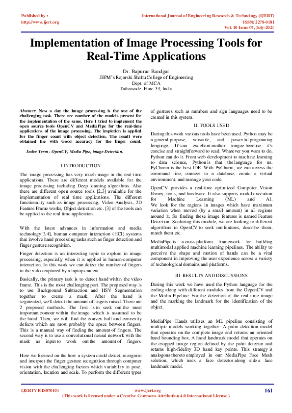 (PDF) Implementation of Image Processing Tools for Real-Time Applications