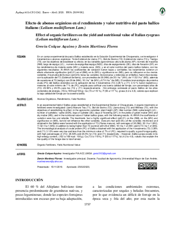 (PDF) Efecto de abonos orgánicos en el rendimiento y valor nutritivo ...