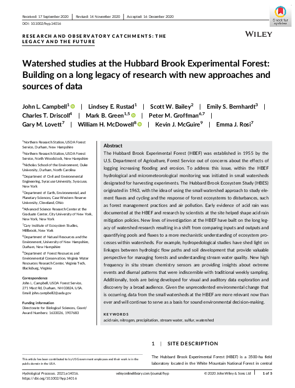 (PDF) Watershed studies at the Hubbard Brook Experimental Forest ...