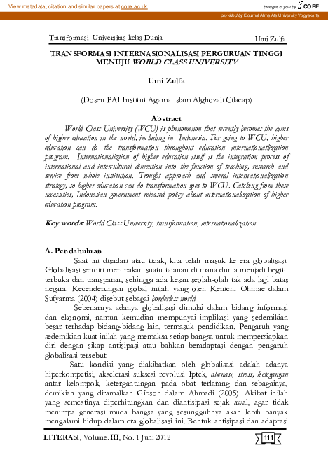 (PDF) Transformasi Internasionalisasi Perguruan Tinggi Menuju World Class University | Umi Zulfa ...